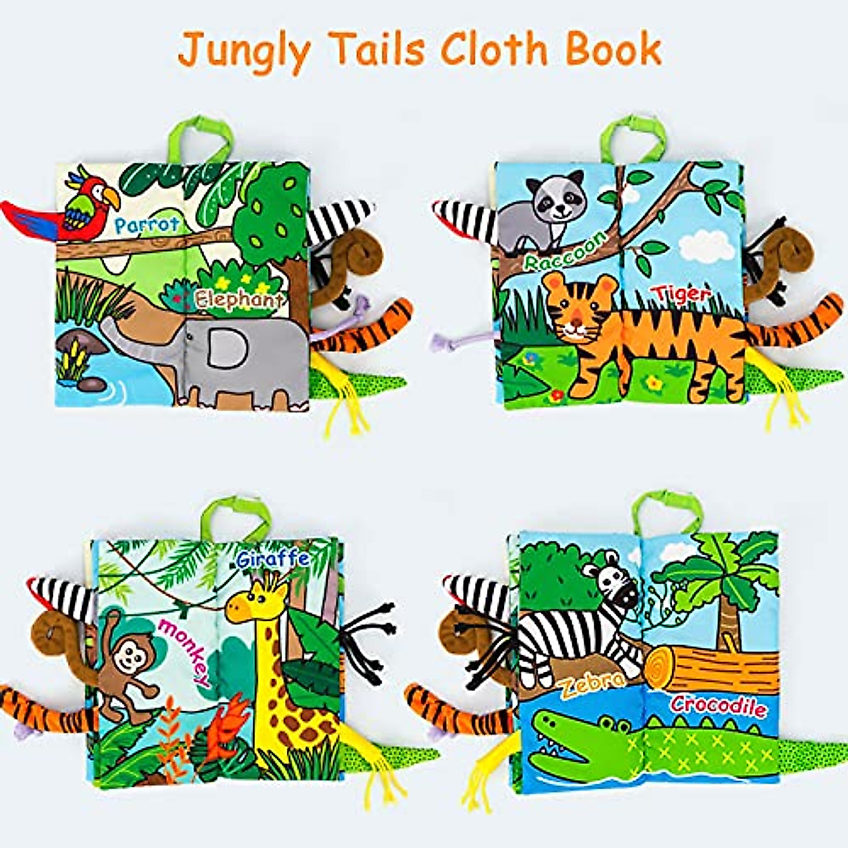HECCEI Baby Cloth Books, Soft Toys Cloth Books, Touch and Feel Crinkle Books, Early Development Baby Stroller/Crib Hanging (Jungly Tails Cloth Book)