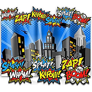Bigtime Signs XL Superhero Backdrop with 6 Comic Action Word Photo Booth Props - Compliments Any Superhero Party Decorations - 4 x 6 ft - Cityscape Superhero Birthday Decorations Hangs on Wall Easily