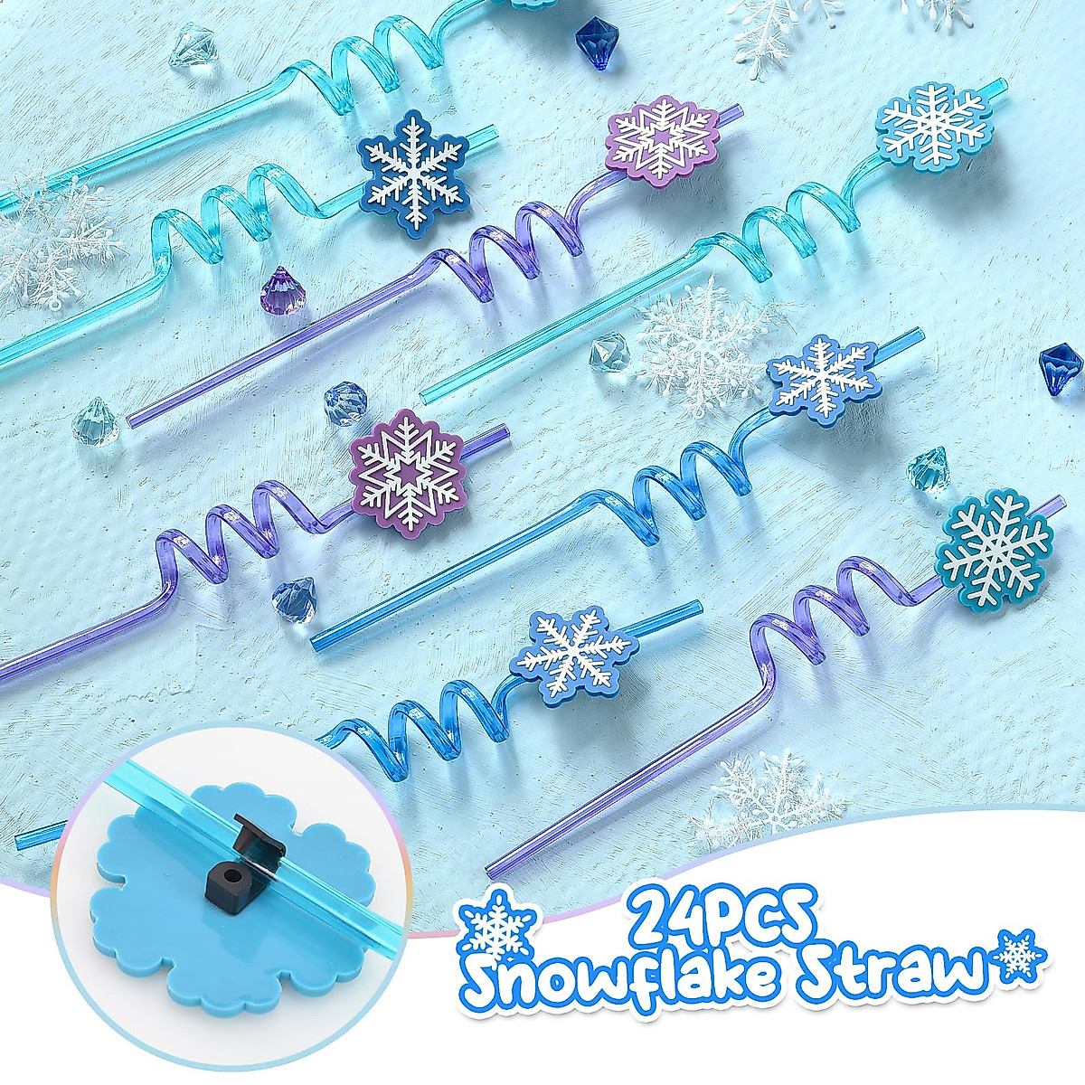 Winrayk 24Pcs Reusable Frozen Plastic Straws Drinking Straws Frozen Party Favors Crazy Straws for Kids Bulk, 3 Snowflake Shape & 3 Colors, Frozen Gift Toy Boy Girls Elsa Frozen Birthday Party Supplies