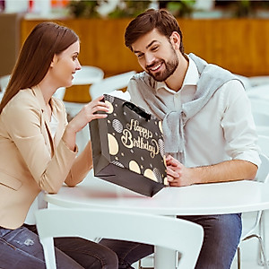 U'COVER 13" Black Happy Birthday Gift Bags Medium Size for Men Gold & Silver Foil Polka Dots Gift Bag with Handles for Father Husband with Card & Tissue Paper (Black & Golden)