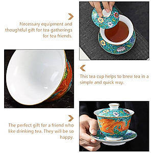 YARNOW Chinese Porcelain Teacup, 1Set of Gaiwan Tureen Cover Bowl Lip Cup Saucer Tea with Lid, Green Dragon