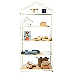 Displays2go 5-Tier Home or Retail Shelving Unit, Wrought Iron Frame, Open Back, Triangle Top Design - Ivory