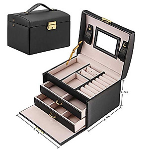 Jewelry Box 3-Layer Display Jewelry Box & Organizers with Lock and Mirror Portable Travel Jewelry Boxes for Women (Black)