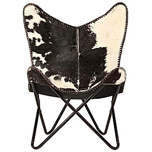 Home Decor Genuine Goat Leather Butterfly Arm Chair with Black/Brown White Hair on Cover (Black and White with Black Frame)