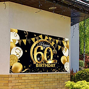 Birthday Party Decoration Extra Large Fabric Black Gold Sign Poster for Anniversary Photo Booth Backdrop Background Banner, Birthday Party Supplies, 72.8 x 43.3 Inch (60th)