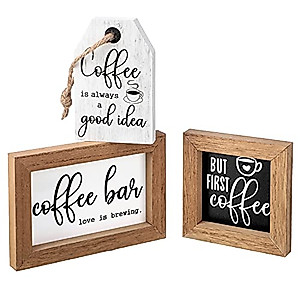 3 Pieces Mini Coffee Bar Sign Farmhouse Coffee Wooden Sign But First Coffee Wood Sign Chocolate Framed Sign Rustic Wood Coffee Table Sign Vintage Kitchen Wood Plaque for Tier Tray Decor (Coffee)