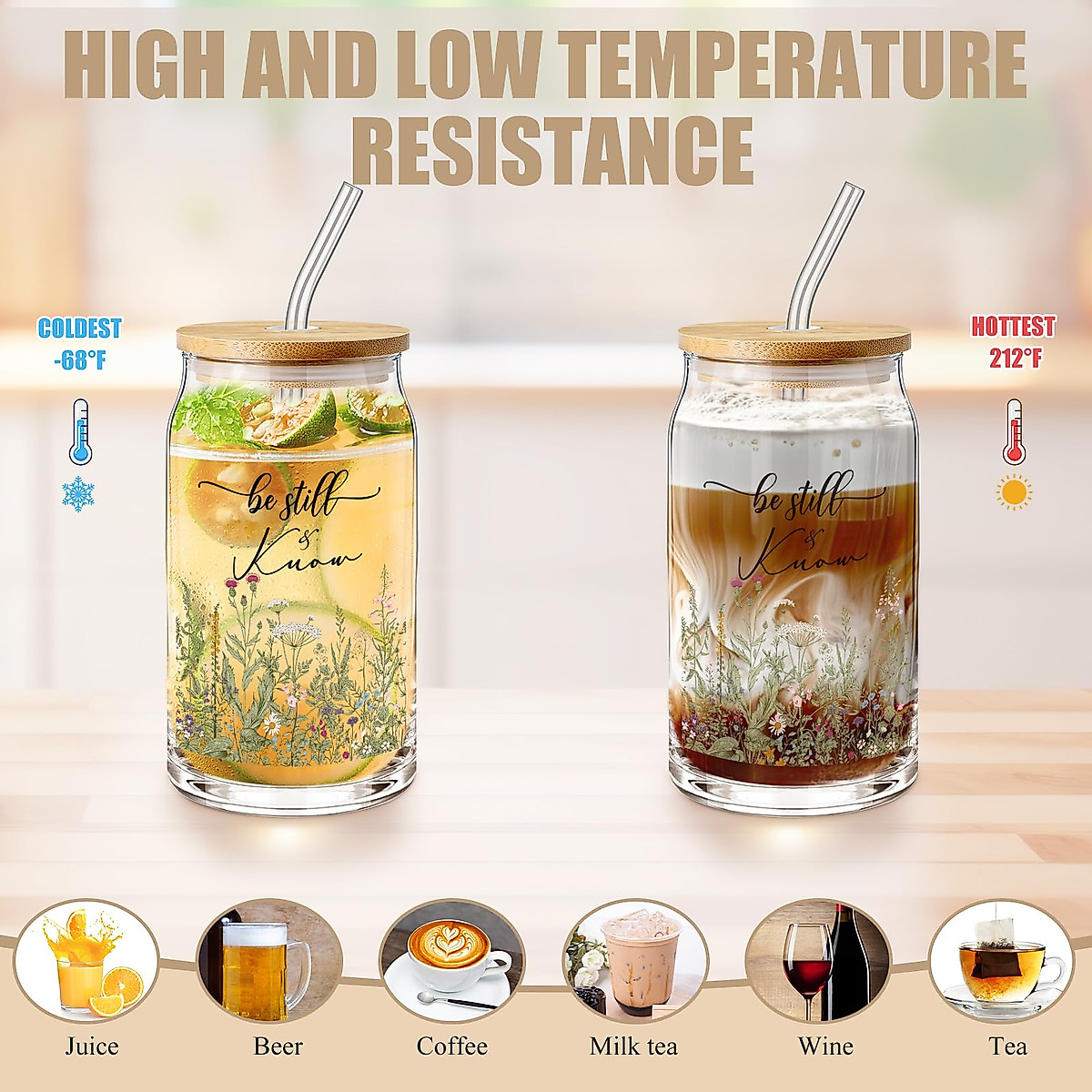 Ziliny 3 Pcs Christian Gifts for Women Be Still and Know Religious Gifts 16 oz Glass Cups with Lid Inspirational Scripture Keychain Bible Verse Cosmetic Bag Gifts for Teacher Student(Flower)