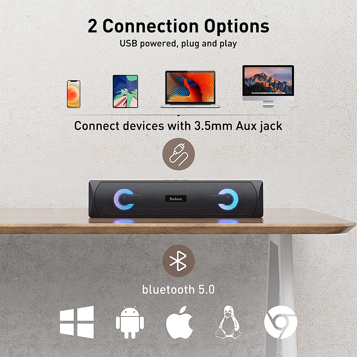 Bobtot Computer Speakers Desktop Soundbar - HiFi Stereo Audio RGB Mini Sound Bar External Speaker with Bluetooth AUX-in Wired USB Powered Volume Control for PC Laptop Tablets Monitor