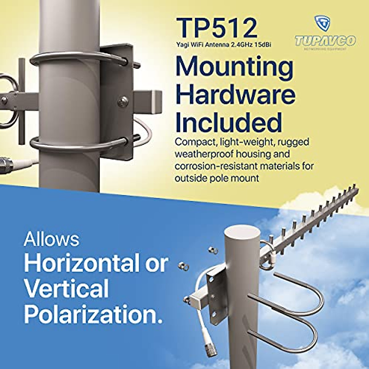 Yagi WiFi Antenna 2.4GHz (15dBi) Outdoor Directional Signal (H:30° V:25°) Long Distance Range (High-Gain Weatherproof) Wireless Network (Pole Mount) N-Female Pigtail Connector Tupavco TP512