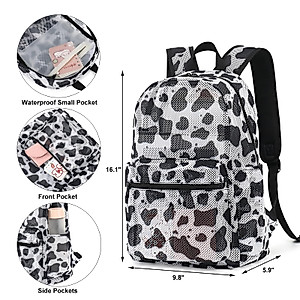 Xunteny Cow Print Mesh Backpack for Girls Women, Semi-Transparent Kids School Backpack College Bookbag Casual Daypacks for Beach Gym Travel