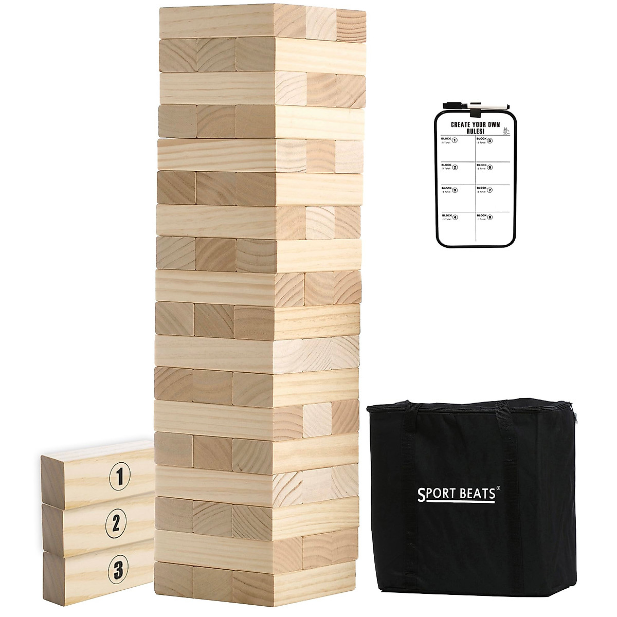 SPORT BEATS Outdoor Games Large Tower Game 54 Blocks Stacking Game - Includes Carry Bag and Scoreboard