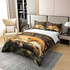 Fox 100% Cotton Duvet Cover Twin,Tree Branch Camo Bedding Set Jungle Wild Animal Woodland Hunting Comforter Cover for Boys Teen Men Rustic Farmhouse Bed Set Autumn Nature Camouflage Quilt Cover
