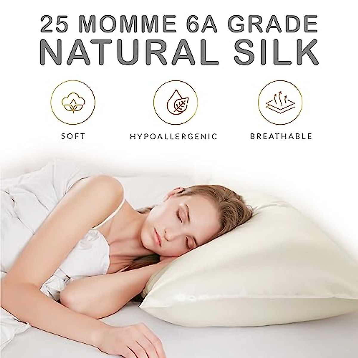HYDE LANE 25 Momme 100% Pure Mulberry Silk Pillowcase for Hair and Skin with Hidden Zipper, Both Side Grade 6A Silk, Luxury Smooth and Soft,Real Silk Pillow Case, 1pc Queen 20''x30'',Ivory White