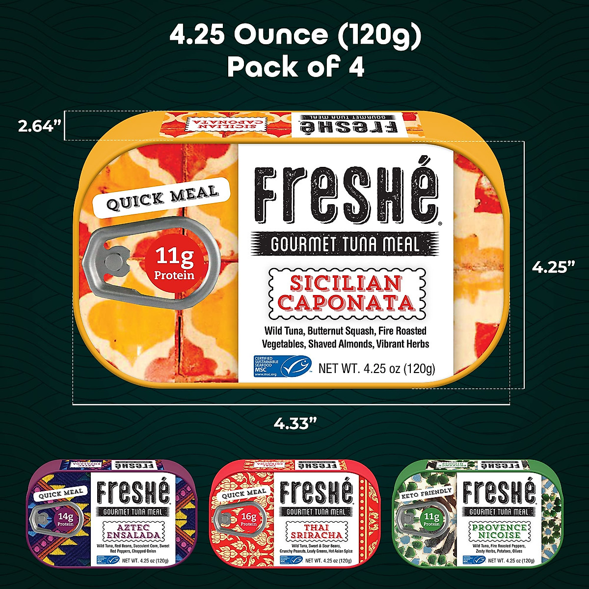 Freshé Gourmet Canned Tuna Variety Pack (4 Pack) Healthy High-Protein Skipjack Fish & Ready-to-Eat Meal – All-Natural, Non-GMO, Wild-Caught Tuna – Gluten Free Diet Friendly