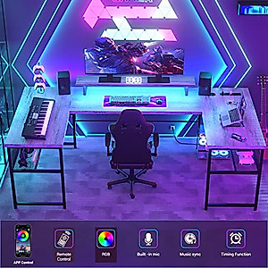 Unikito U Shaped Computer Desk with Power Outlet and LED Strip, Reversible L Shaped Office Desk with Monitor Stand and Bookshelf, Modern U- Shape Corner Desk, 130 Inch 2 Person Gaming Table, White Oak