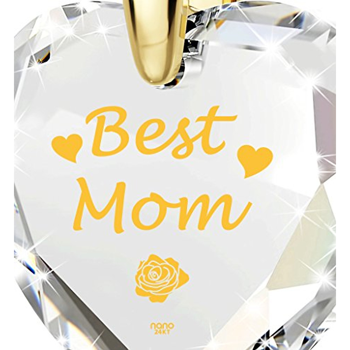 Best Mom Heart Necklace for Mother's Inscribed in 24k Gold with Rose Flower on Crystal Cubic Zirconia Heart-Shaped Romantic Pendant for Her, 18" Chain