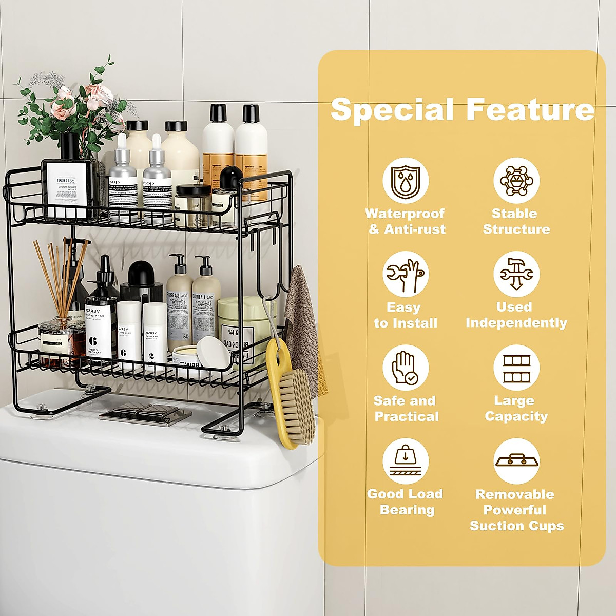 Johamoo Over The Toilet Storage, 2-Tier Bathroom Organizer Shelves, Multifunctional Bathroom Storage Rack with 4 Suction Cup, No Drilling Space Saver with Hooks, Upgrade Non-Adhesive, Black