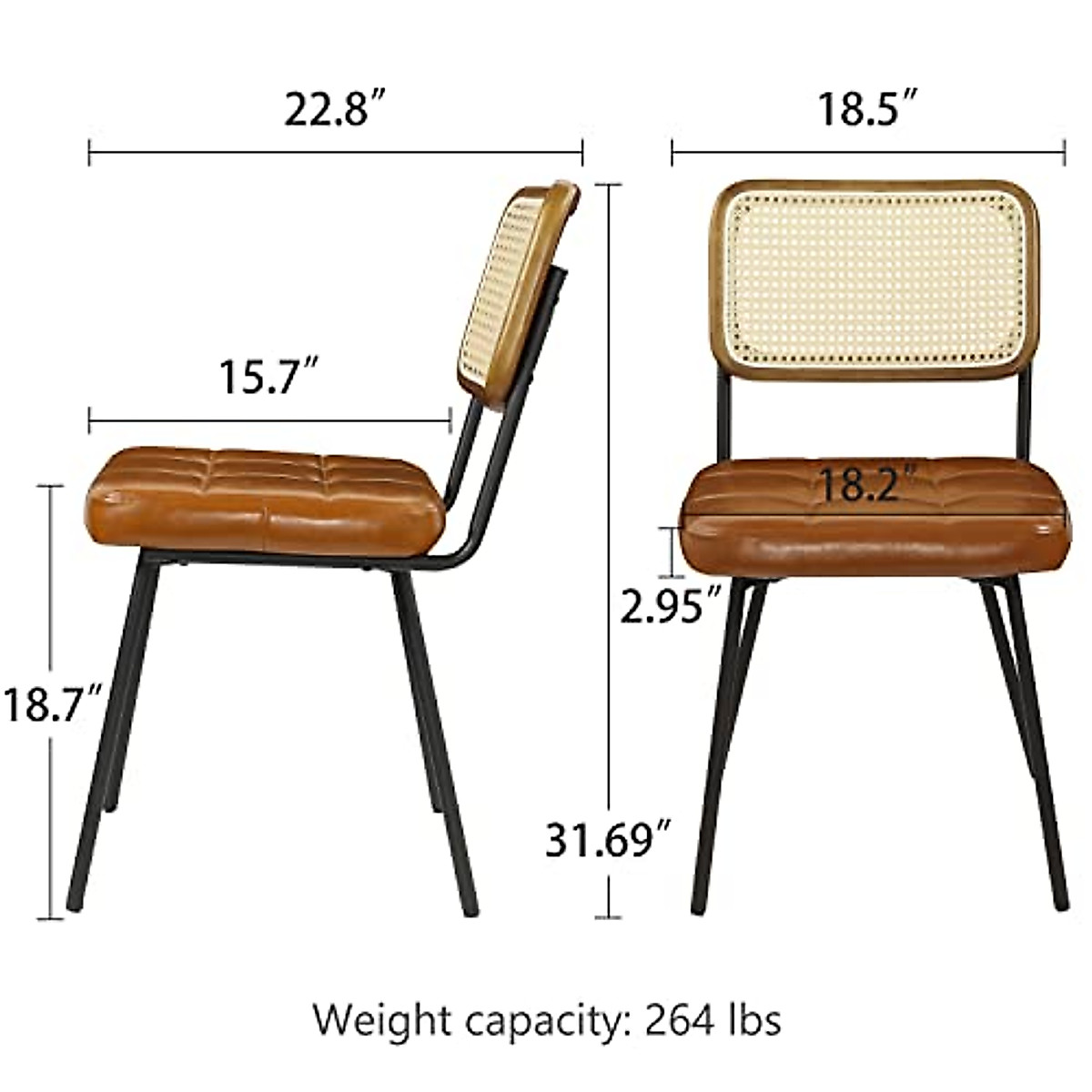 Art Leon Rattan Dining Chairs, Set of 2, Rubber Wood Frame, Mid Century Modern Dining Room Chairs with Rattan Woven Back, Faux Leather Upholstered Kitchen Chairs with Black Metal Legs, Yellow Brown