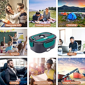 Portable Electric Lunch Box with Fast Charger, Mini Microwave Food Warmer for Adults, 1.5L Stainless Steel Food Containers, 60W Leak Proof Food Warmer 110V 12V 24V for Truck Home Office - Grey