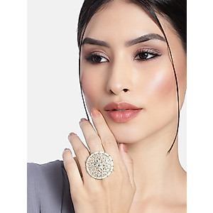 I Jewels Gold Plated Indian Wedding Bollywood White Kundan & Pearl Studded Adjustable Finger Ring for Women (FL209W)