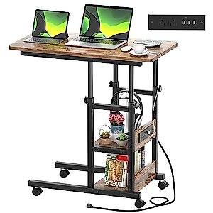 Height Adjustable C Shaped End Table with Charging Station, Mobile Laptop Side Table with USB Port and Wheels, Sofa Couch Table with 2-Tier Storage Shelve for Living Room Bedroom, Rustic Brown