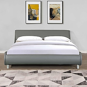 Queen Size Leather Upholstered Platform Bed Frame with Comfortable Headboard and Footboard, Modern Curve Design Platform Bed with Sturdy Bed Frame/Wood Slats Support/Easy Assemble for Bedroom (Grey)