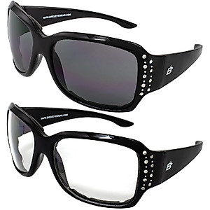 Birdz Eyewear LadyBird Women's Padded Motorcycle Sunglasses 3 Pairs Rhinestone Black Frames (Clear & Smoke)