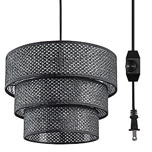 Mateyrie Plug in Pendant Light, Hanging Lamp with Dimmable Switch, Pendant Light Fixtures with 15 Ft Cord, Hanging Light with Black Rattan Shade for Bedroom, Kitchen, Living Room, Dining Table