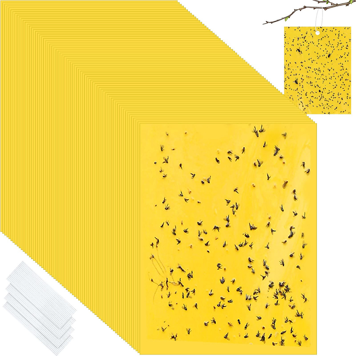 100 Pcs Double Sided Sticky Traps for Flying Plant Insect Like White Flies Aphids 6 x 8 Inch Sticky Gnat Traps Killer Fruit Fly Traps for Indoor Outdoor Including Twist Ties, Yellow