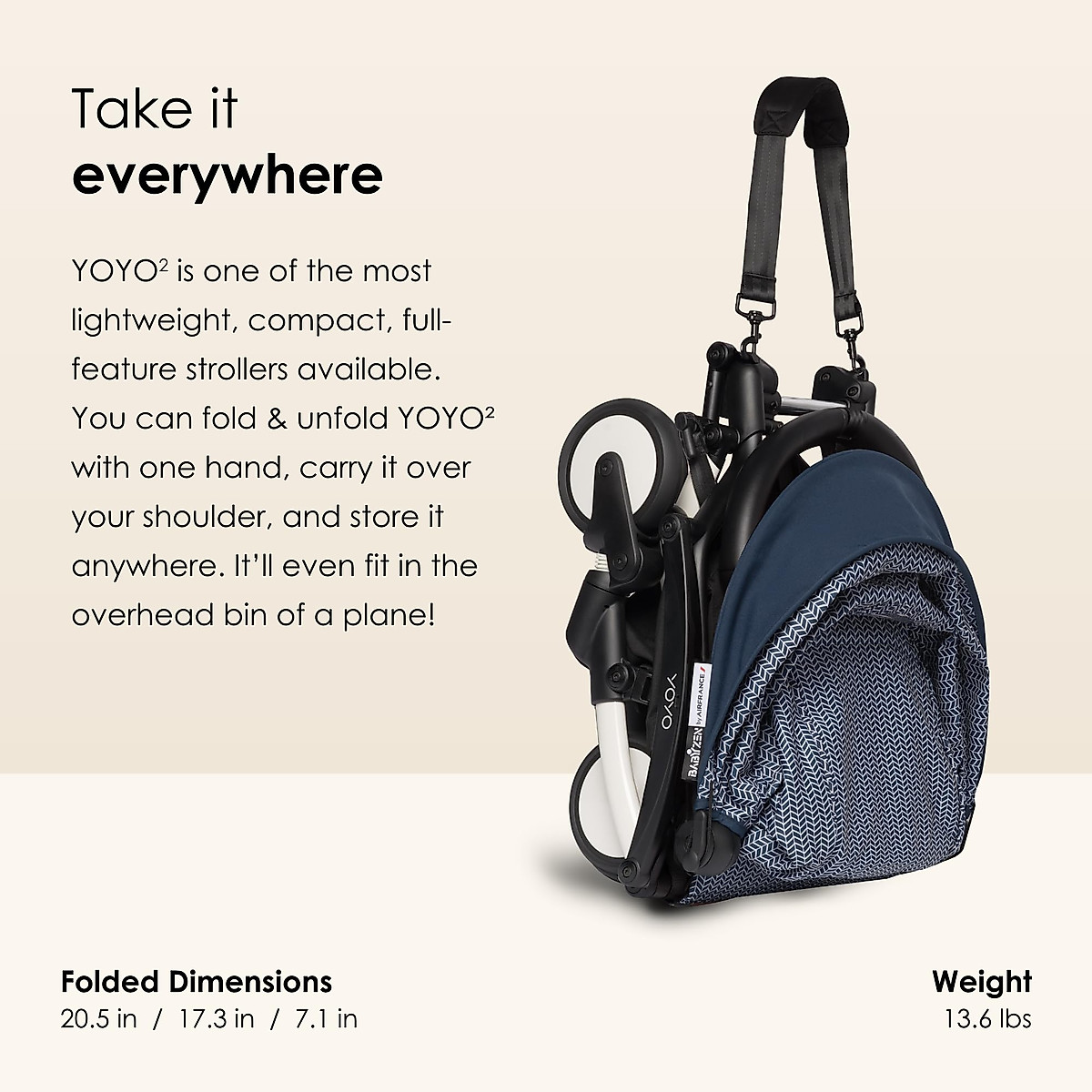 BABYZEN YOYO2 Stroller - Lightweight & Compact - Includes White Frame, Air France Blue Seat Cushion + Matching Canopy - Suitable for Children Up to 48.5 Lbs