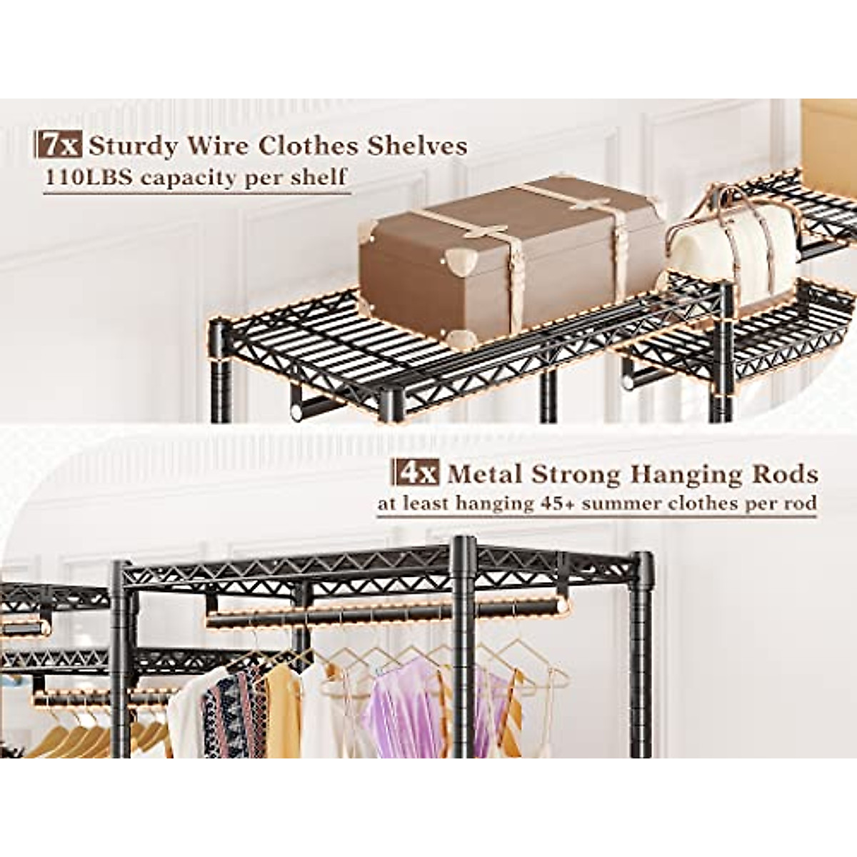 Raybee 77" H Clothes Rack Heavy Duty Clothing Racks for Hanging Clothes 720LBS Adjustable Clothing Rack Portable Closet Racks for Hanging Clothes Wire Garment Rack Black 13.9" D x 70.6" W x 77" H