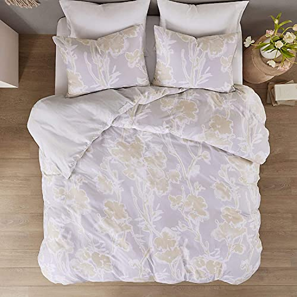 INTELLIGENT DESIGN Reversible 100% Cotton Sateen Duvet - Breathable Comforter Cover, Modern All Season Bedding Set with Sham (Insert Excluded), Tanet, Flower Grey King/Cal King(104"x90")