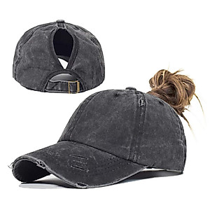 Washed Ponytail Hats Pony Tail Caps Distressed-Baseball for Women(Jean Black)