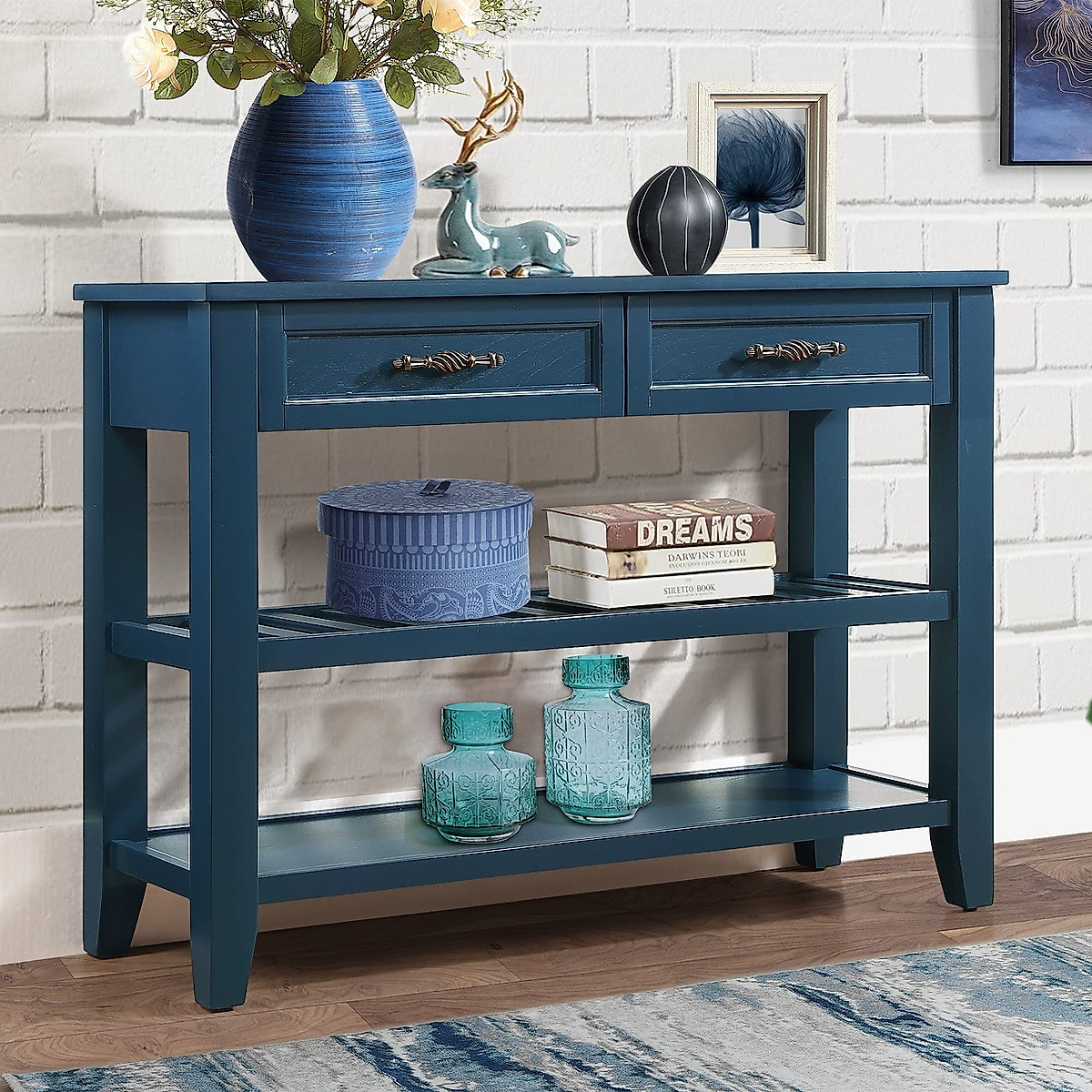 SIYSNKSI 42'' Mid-Century Style Console Table Sofa Table with 2 Storage Drawers and 2 Tiers Shelves, Solid Wood Buffet Sideboard for Hallway, Entryway, Bedroom, Living Room (Navy Blue-053)