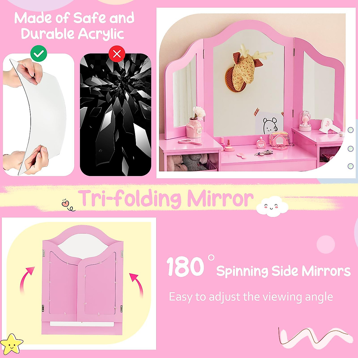 Costzon Kids Vanity, 2 in 1 Princess Makeup Desk & Chair Set with Tri-Folding Mirror, 4 Storage Bins, Wooden Toddler Vanity Dressing Table, Pretend Play Vanity Set for Little Girls (Pink)