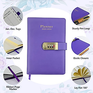 RHONZHAO 2023-2024 Weekly and Monthly Planner with Alphabetical Tabs and Lock. 5.8" x 8.2", 16 Months, Flexible Cover, Wirebound, Hardback edition (2023-2024, Purple)