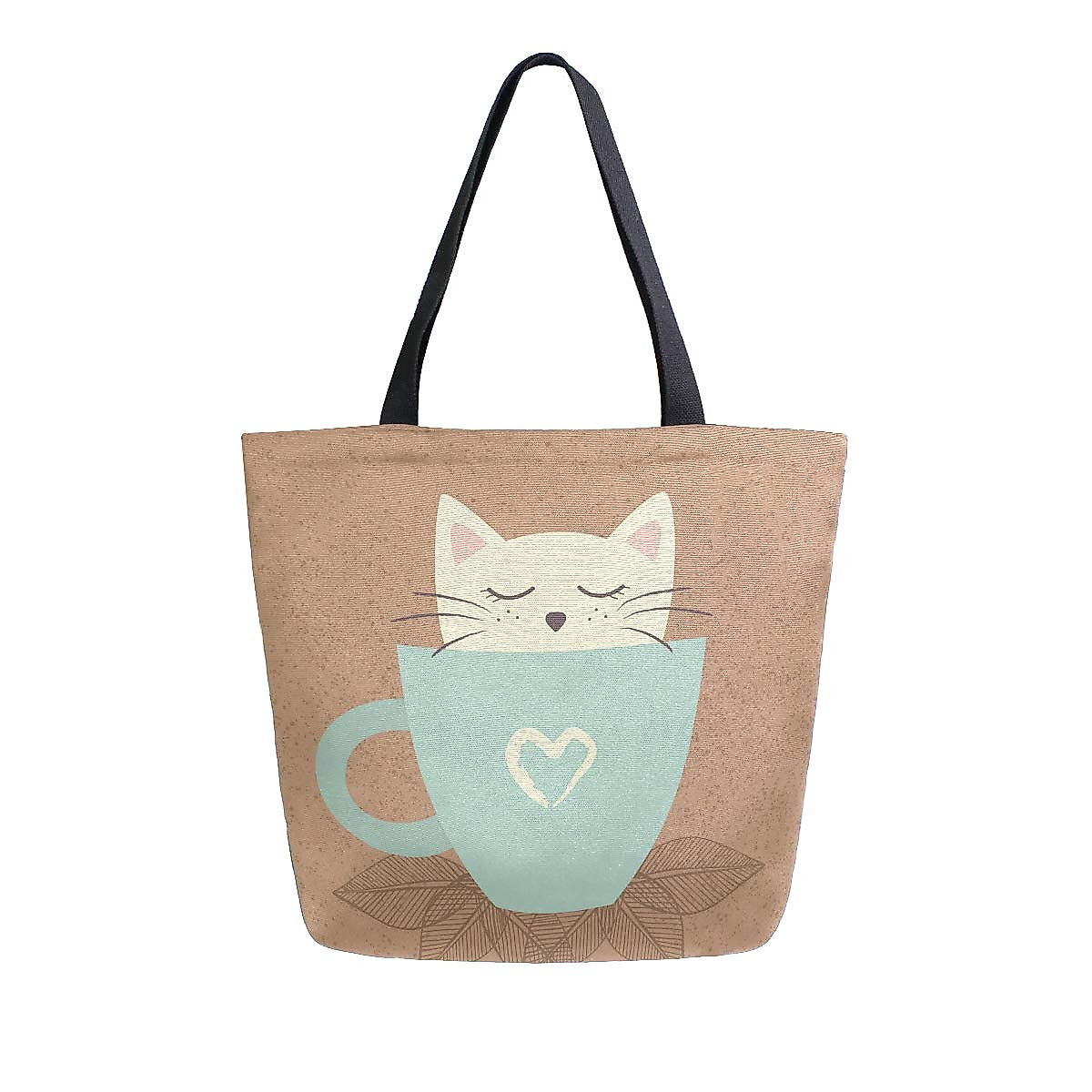 ALAZA Large Canvas Tote Bag Hello Fall Cute Cat Coffee Brown Shopping Shoulder Handbag with Small Zippered Pocket