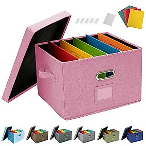JSungo File Box with 5 Hanging Filing Folders, Document Organizer Storage for Office, Collapsible Linen Storage Box with Lids, Home Portable Storage with Handle, Letter Size Legal Folder, Pink