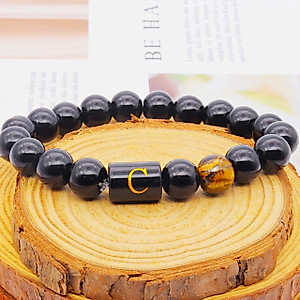 CJIAYUJEW 10mm Mens Beaded Bracelets, Initial Letter Triple Protection Bracelets for Women, Natural Tiger Eye Black Obsidian Hematite Beads Elastic Bracelets (C)