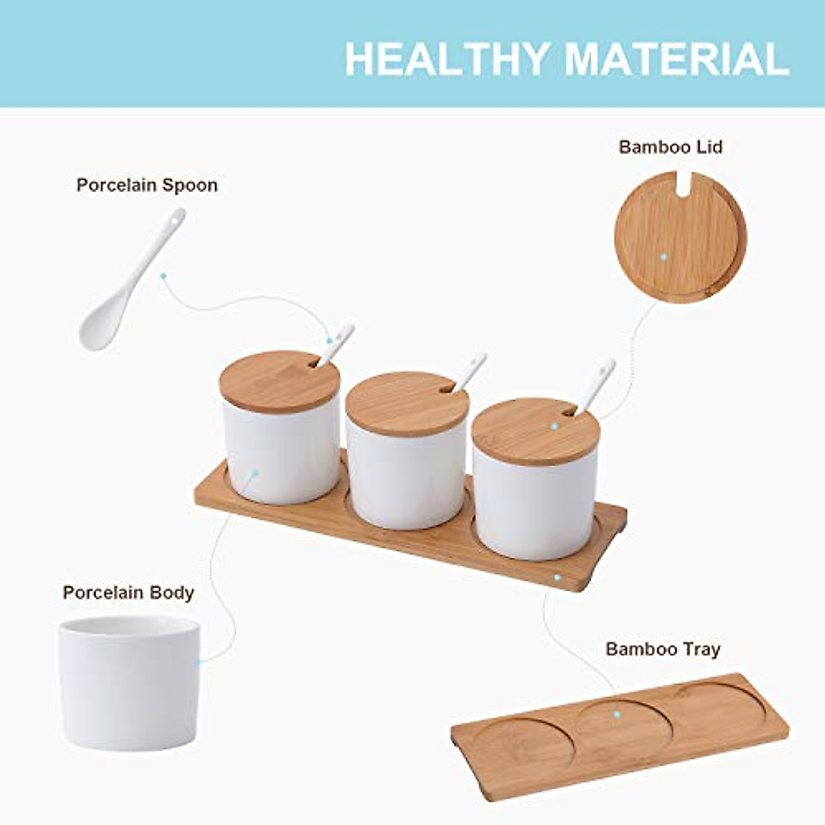 TAMAYKIM 8 OZ Porcelain Condiment Jars, Seasoning Boxes with Spoons and Bamboo Cover, Ceramic Sugar Bowls with Lid, Condiment Container for Kitchen, Pack of 6