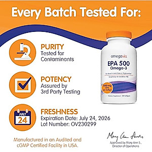 OmegaVia EPA 500, Purified Omega 3 Fish Oil Burpless Softgels, 500 mg EPA in Triglyceride Form, Unflavored Wild Fish Oil Supplements, No Fishy Burps, Non GMO and Gluten Free, IFOS 5-Star, 120 ct
