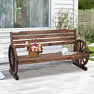 KINTNESS Wooden Wagon Wheel Bench Rustic Outdoor Patio Furniture 2-Person Seat Bench with Backrest for Backyard Patio