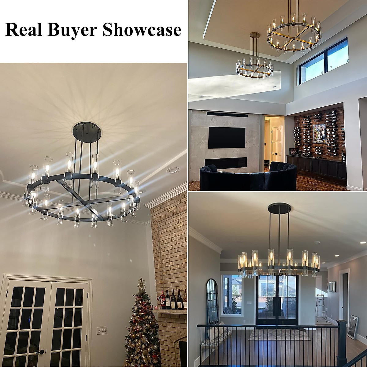 Knurldon 12-Light Black Round Chandelier 36'' Wagon Wheel Chandeliers for Dining Room Light Fixture Clear Glass Tube Chandelier Modern Farmhouse Chandeliers for Living Room Bedroom, Bulb Included