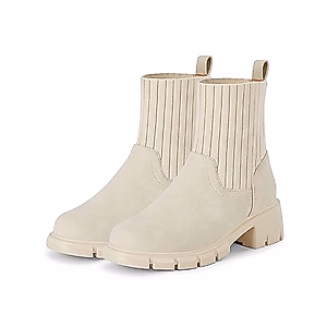 Coutgo Girls Boots Kids Combat Chelsea Ankle Booties Chunky Heel Lug Sole Elastic Fall Fashion Shoes Toddler Little Kid Big Kid,Off-White,Size 1