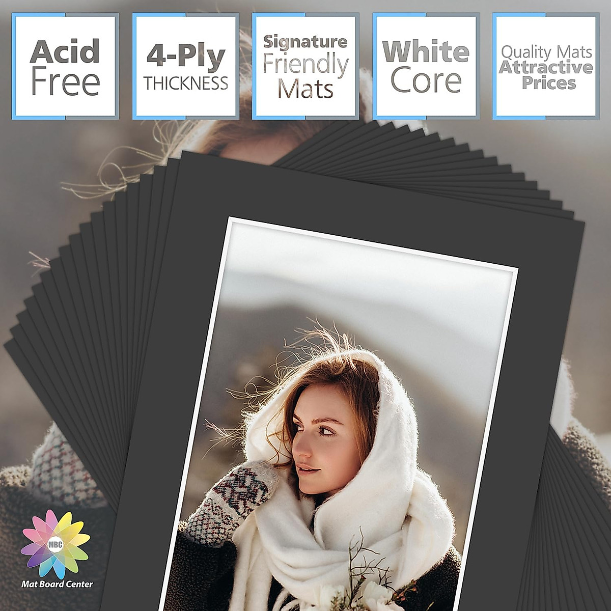 Mat Board Center, Pack of 25, 5x7 for 4x6 Black Mats - Acid Free, 4-ply Thickness, White Core - for Pictures, Photos, Framing