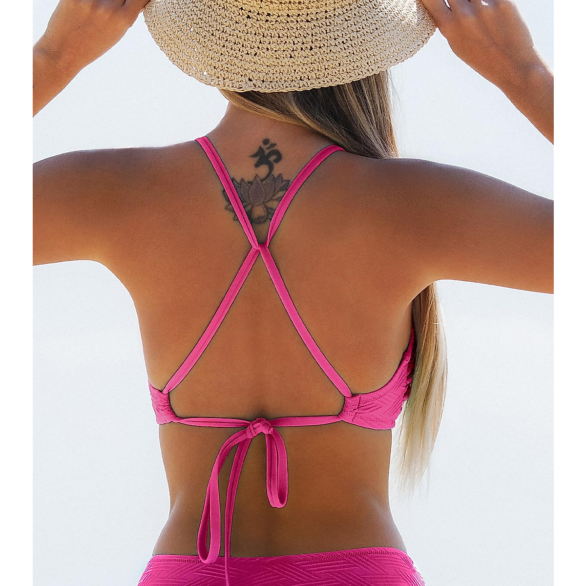 CUPSHE Women Swimsuit Bikini Top Textured Self Tie Crisscross Back Bathing Suit, S Neon Pink