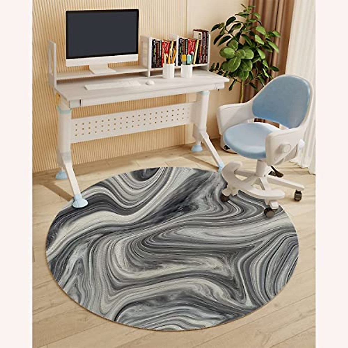 White Grey PU Leather Office Chair Mat for Hardwood Floors Desk Carpet Marble Color Formation Wavy Anti-Slip Multi-Purpose Low Pile Computer Chair Mat Abstract Diameter 55 in