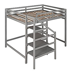 Harper & Bright Designs Full Size Loft Bed with Stairs and Hanging Rod, Wooden Full Loft Bed Frame with Storage Shelf, High Loft Beds for Kids Boys Girls Teens Dorm Bedroom (Full, Gray)