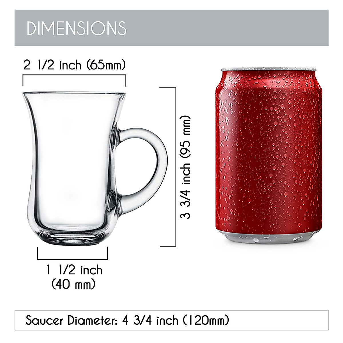 Volarium Small Turkish Tea Set 12 Piece Modern Turkish Tea Glasses & Saucers Set, 6 PCs 4.9 oz (145 cc) Clear Glass Tea Cups with Handle and 6PCs Glass Saucers