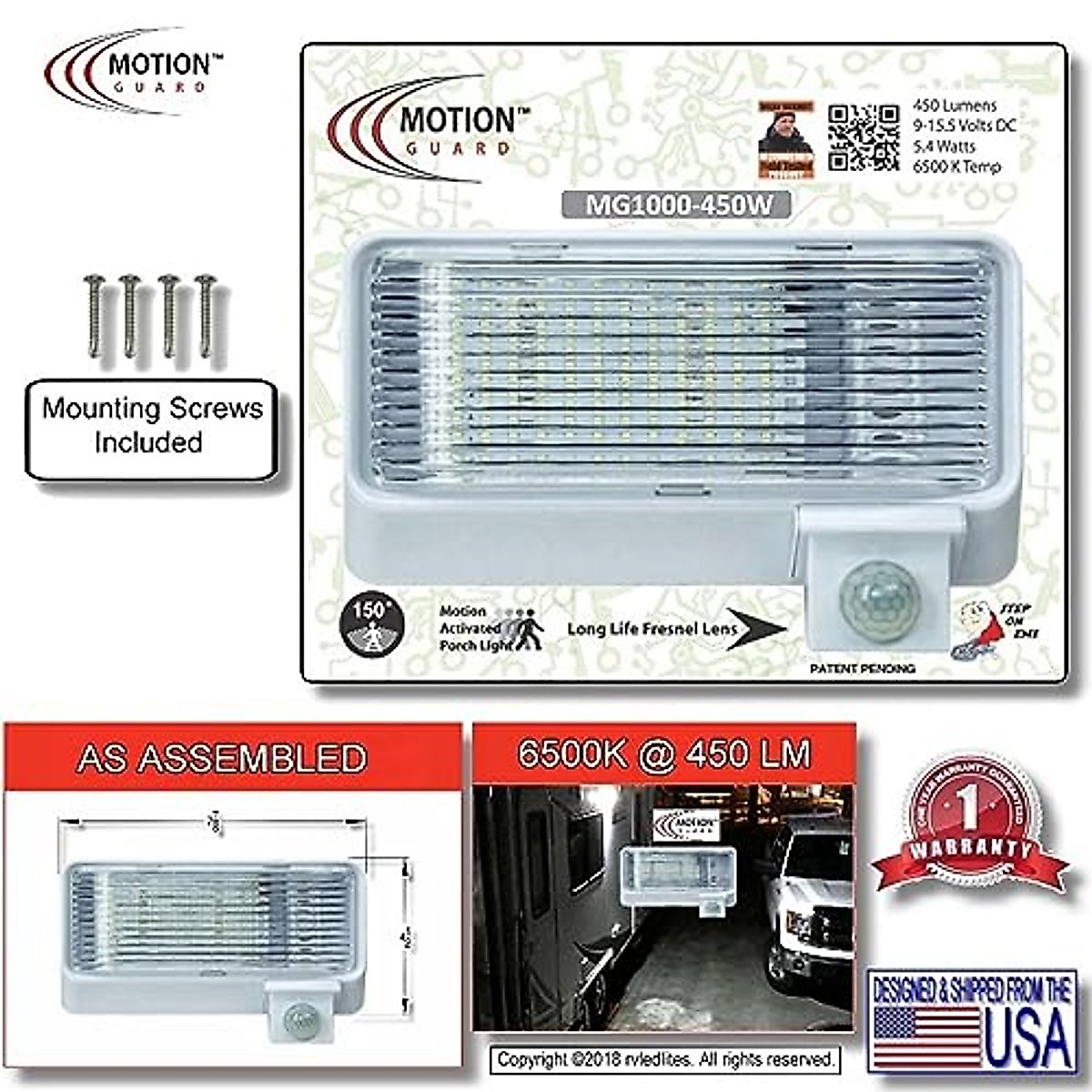 MOTION-GUARD, MG1000-450W, RV Motion Sensor Light, 12 Volt, Exterior Mounted Motion Sensor Bright LED Porch Utility IP65 Flood Light with Battery Monitoring Sensor and EMI Suppression, USA Designed